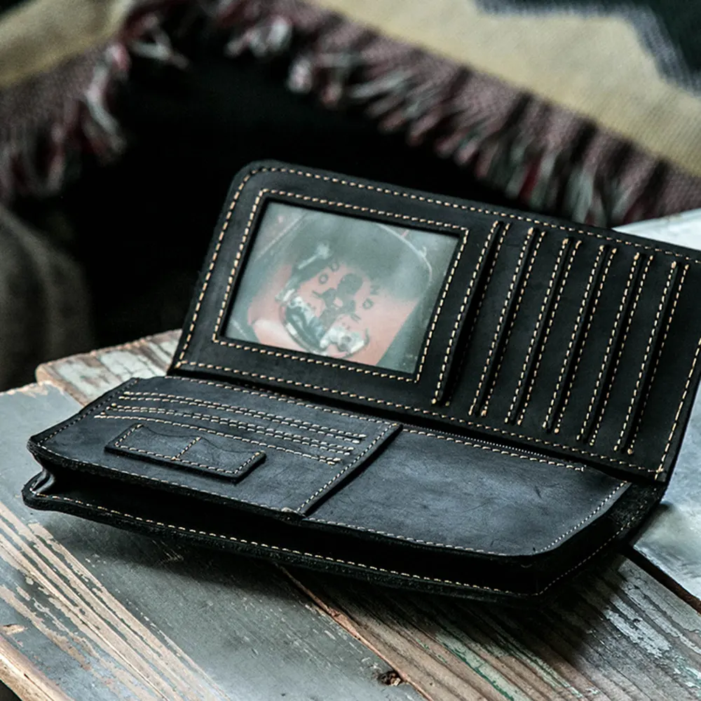 Full-Grain Leather Vintage Long Zipper Large Capacity Wallet - Rugged Strap