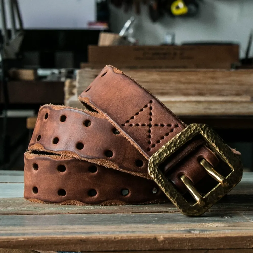 Luxury Hammered Brass Double Prong Buckle Leather Belt - Rugged Strap