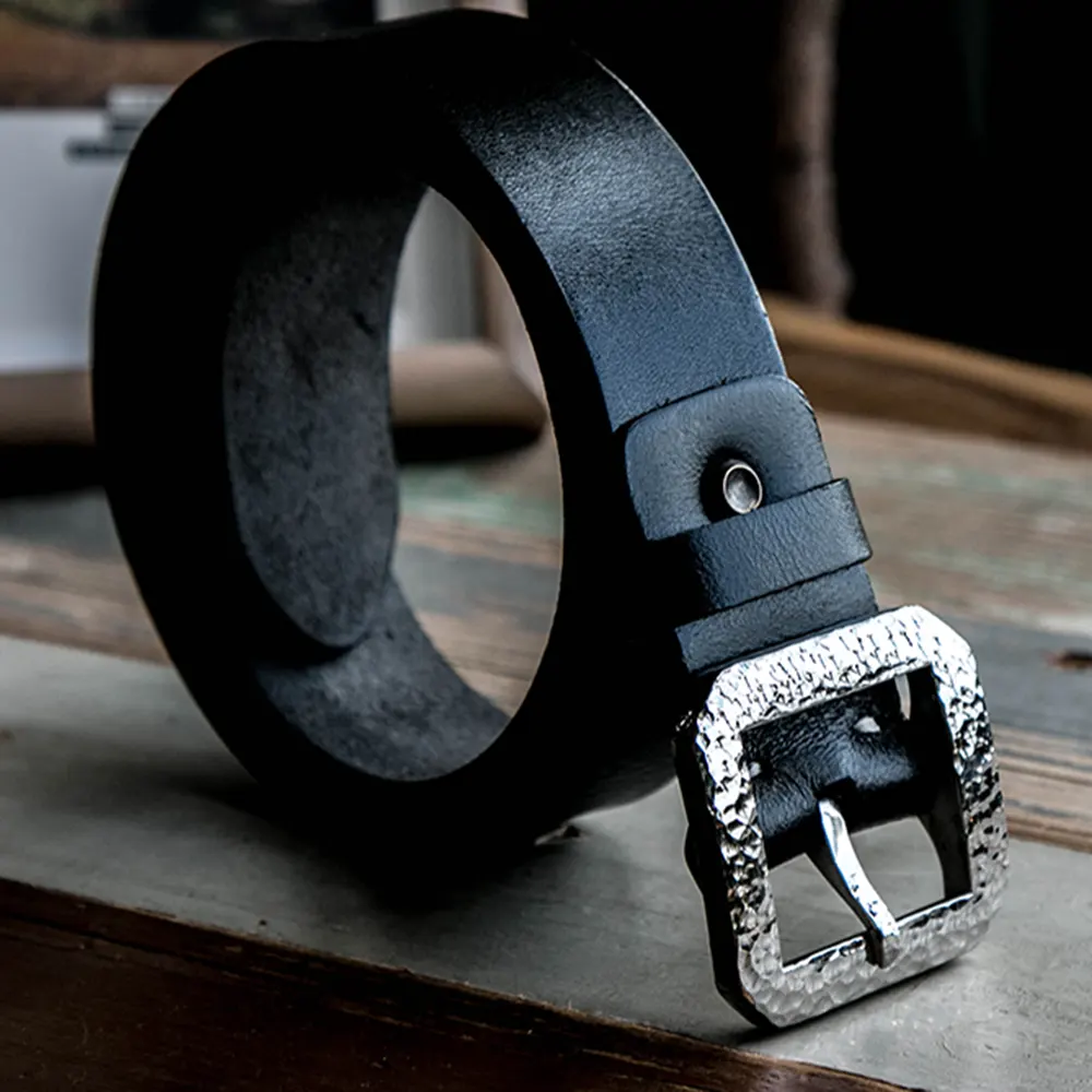 Vintage Luxury Handcrafted Custom Belt with Hammered Buckle - Rugged Strap