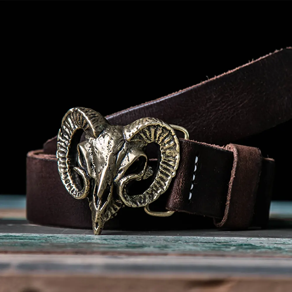 Custom Solid Brass Ram Head Buckle Full-Grain Leather Belt - Rugged Strap
